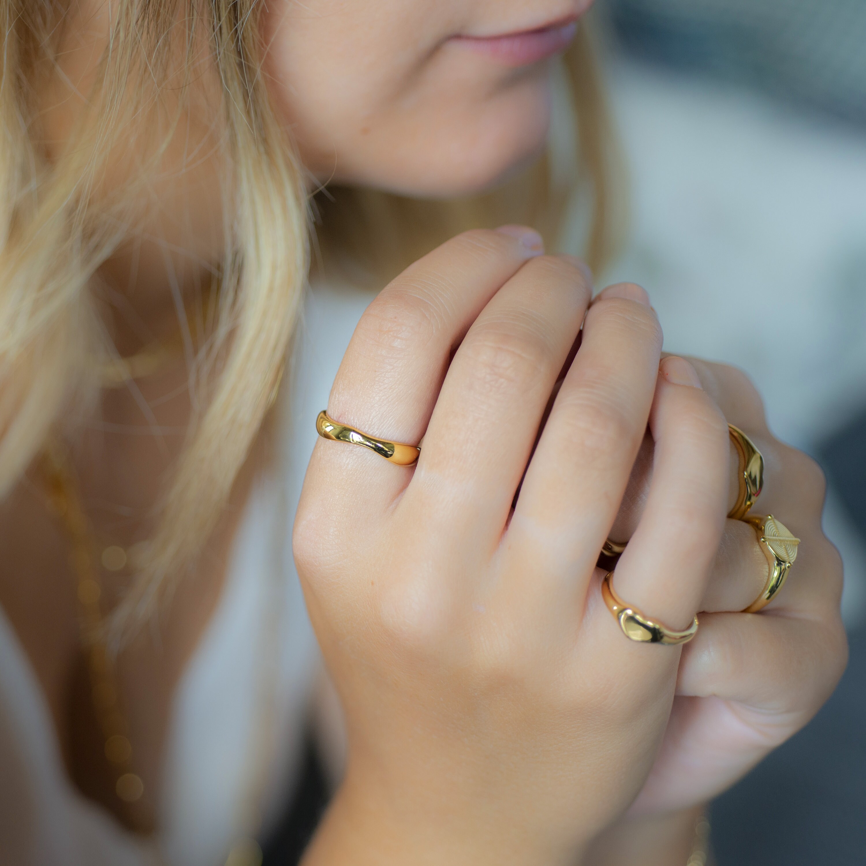 Gold Wavy Ring Adjustable Gold Stacking Ring Curved layering | Etsy