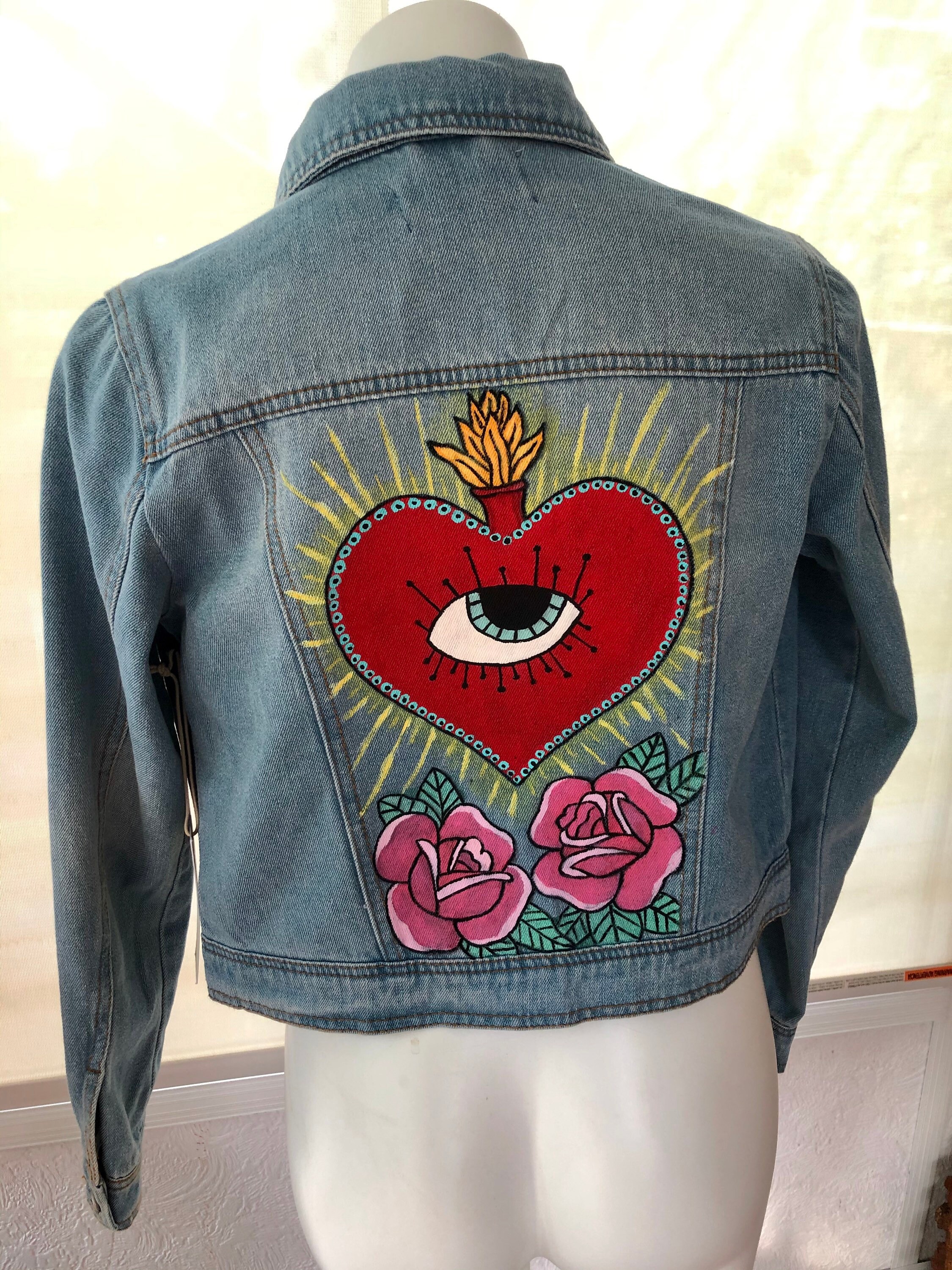 Hand Painted Denim Jacket, Sacred Heart, Roses - Etsy