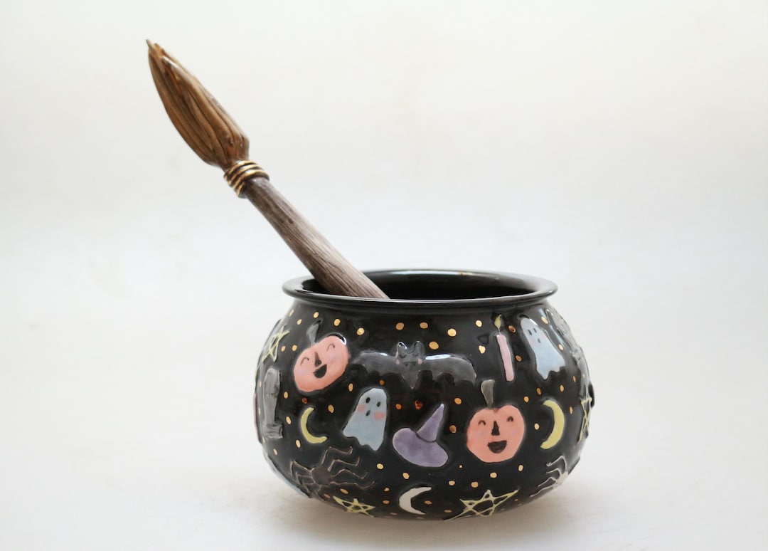Spooky Bowl, Cauldron With Broom Set, Halloween, Pastel, Ceramic Mug ...