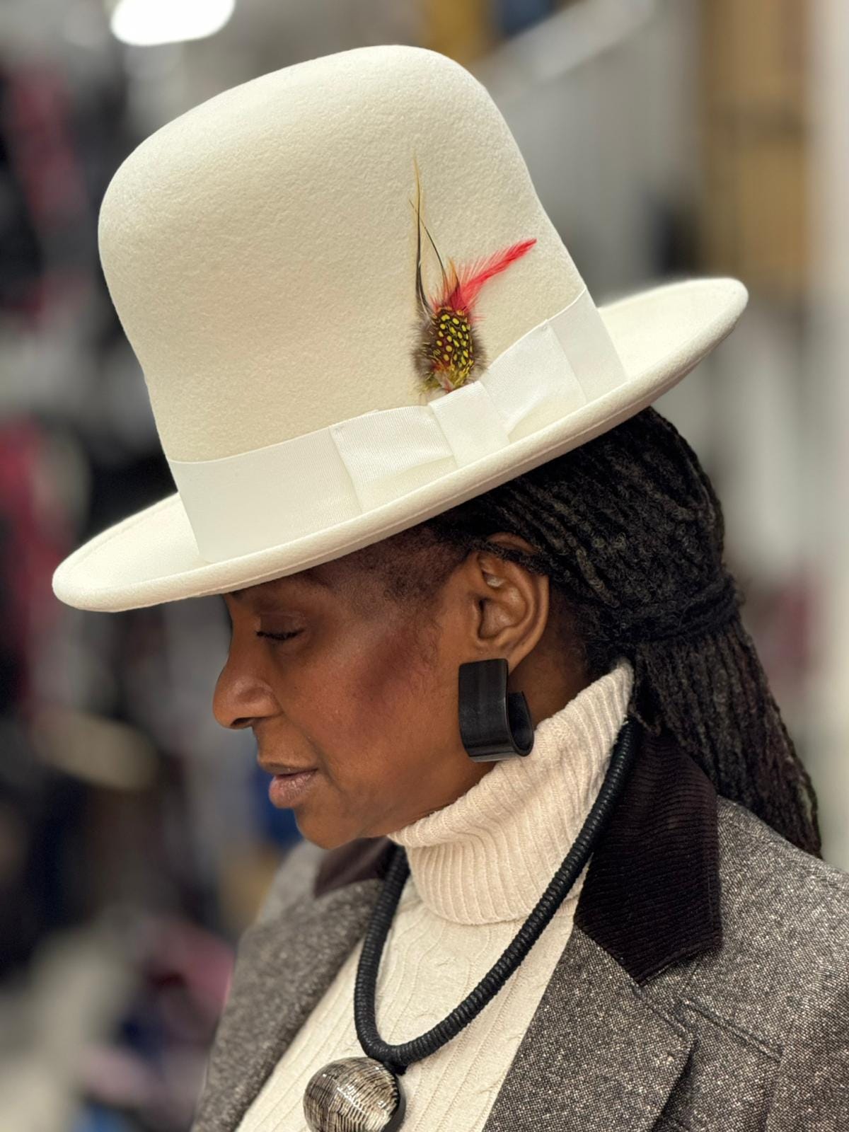 Wool Tall Bowler Hat, Erykah Badu Style, Feather Detail (60cm) - Etsy