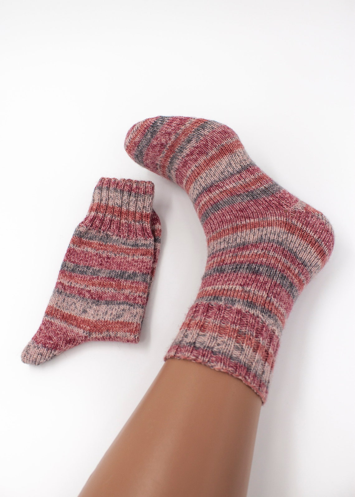 Red and Grey Hand Knitted Wool Socks Warm Handmade socks | Etsy