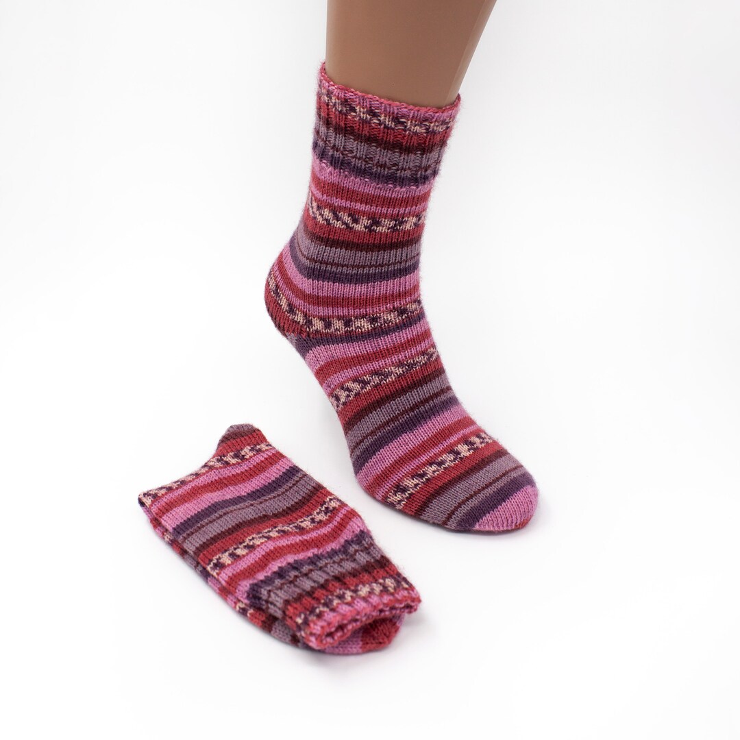 Pink and Purple Hand Knitted Wool Socks, Warm Handmade Socks, Unisex ...