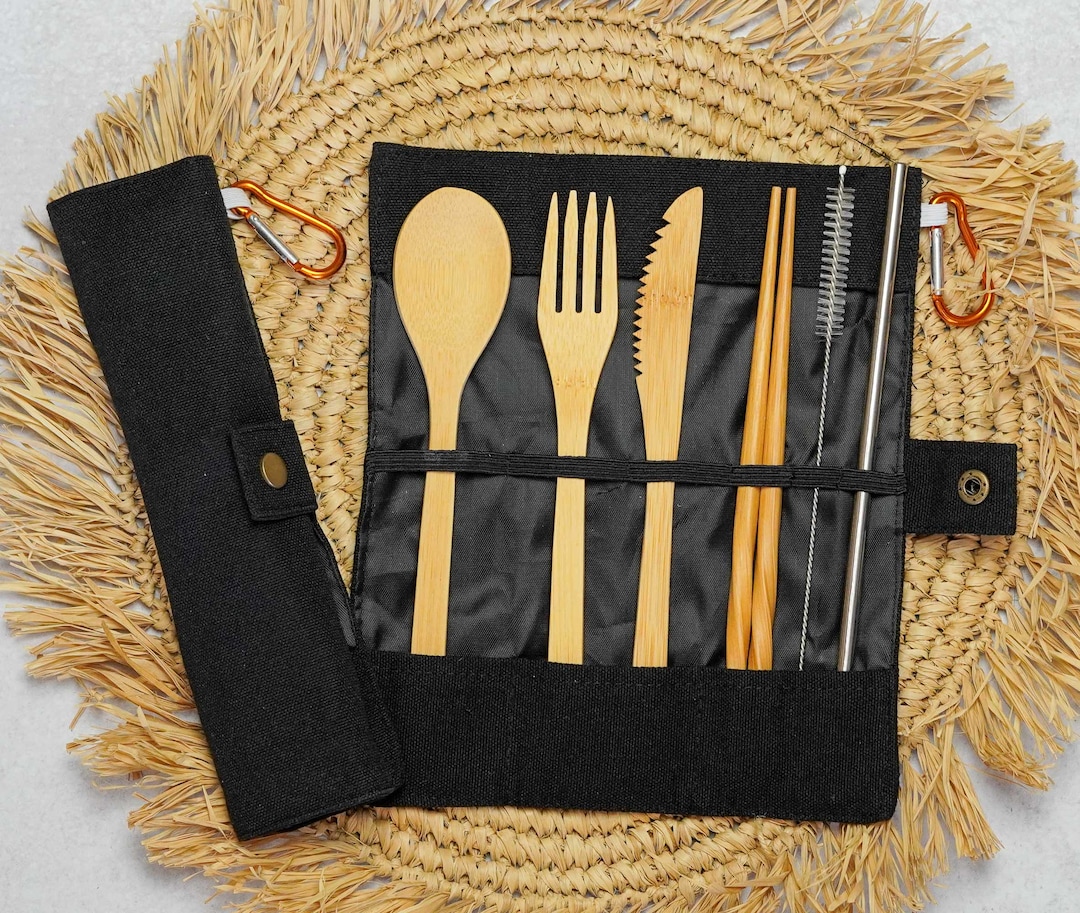 Bamboo Travel Cutlery Set | Reusable Utensils & Straw With Pouch - Etsy