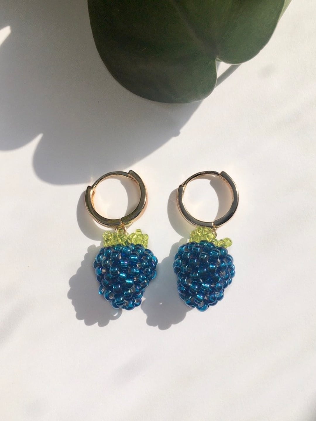 Beaded Blue Raspberry Earrings With Gold or Silver Huggie | 3D Handmade ...