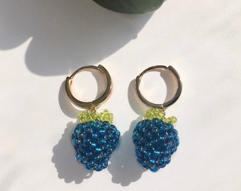 Beaded Blackberry Earrings With Gold or Silver Huggie 3D Handmade Glass ...