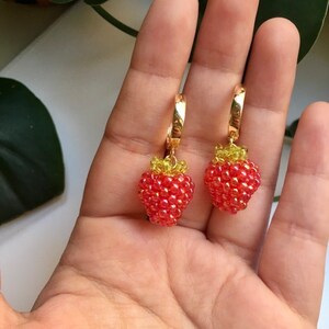 Beaded Raspberry Earrings With Gold or Silver Huggie | 3D Handmade ...