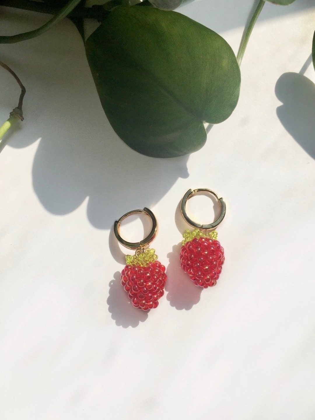 Beaded Raspberry Earrings With Gold or Silver Huggie | 3D Handmade ...