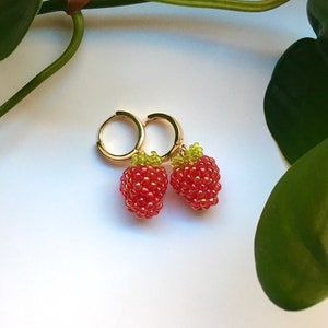 Beaded Raspberry Earrings With Gold or Silver Huggie | 3D Handmade ...