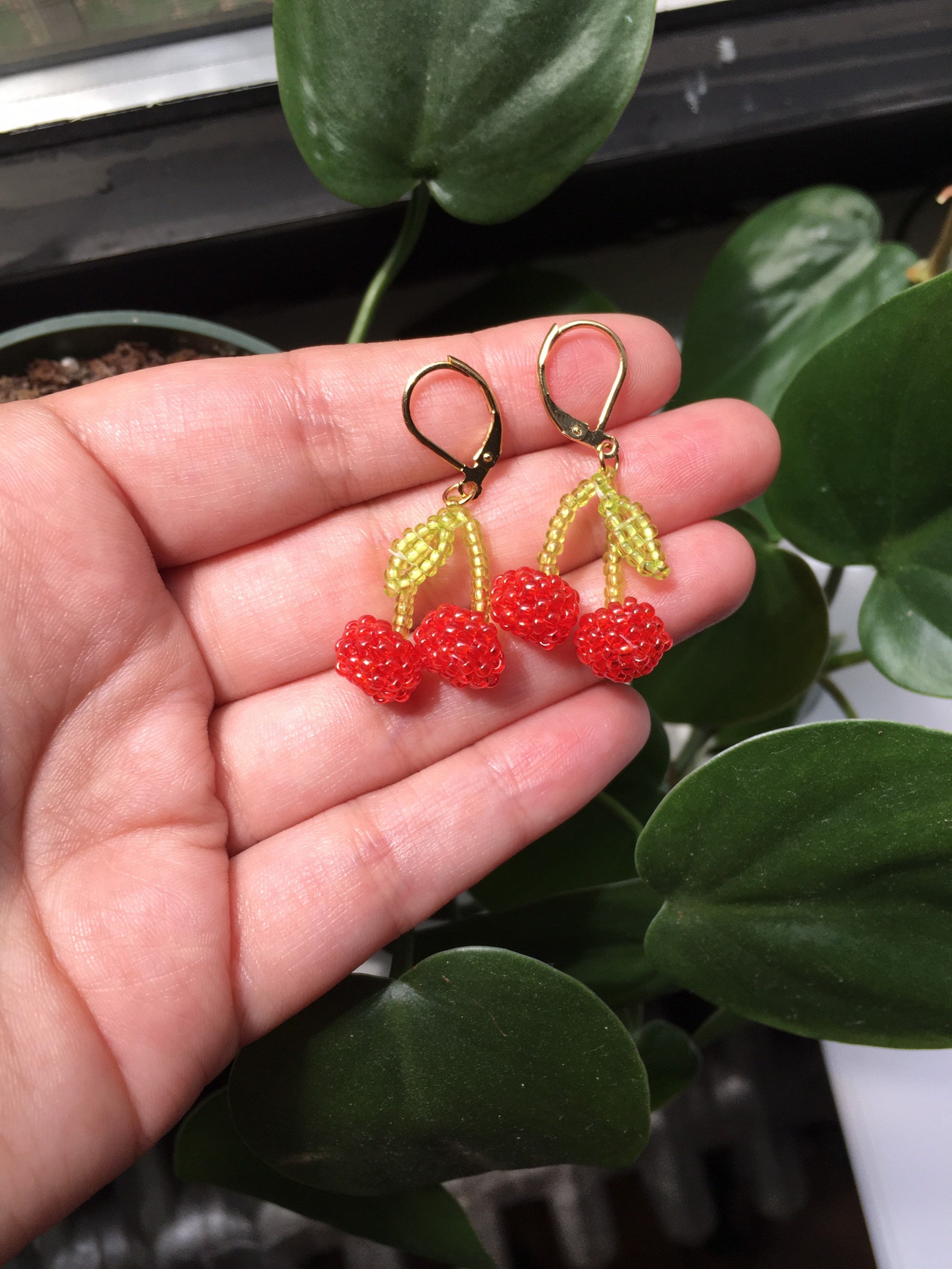 Beaded Cherry Earrings | 3D Unique Fruit Earrings With Gold Leverback ...