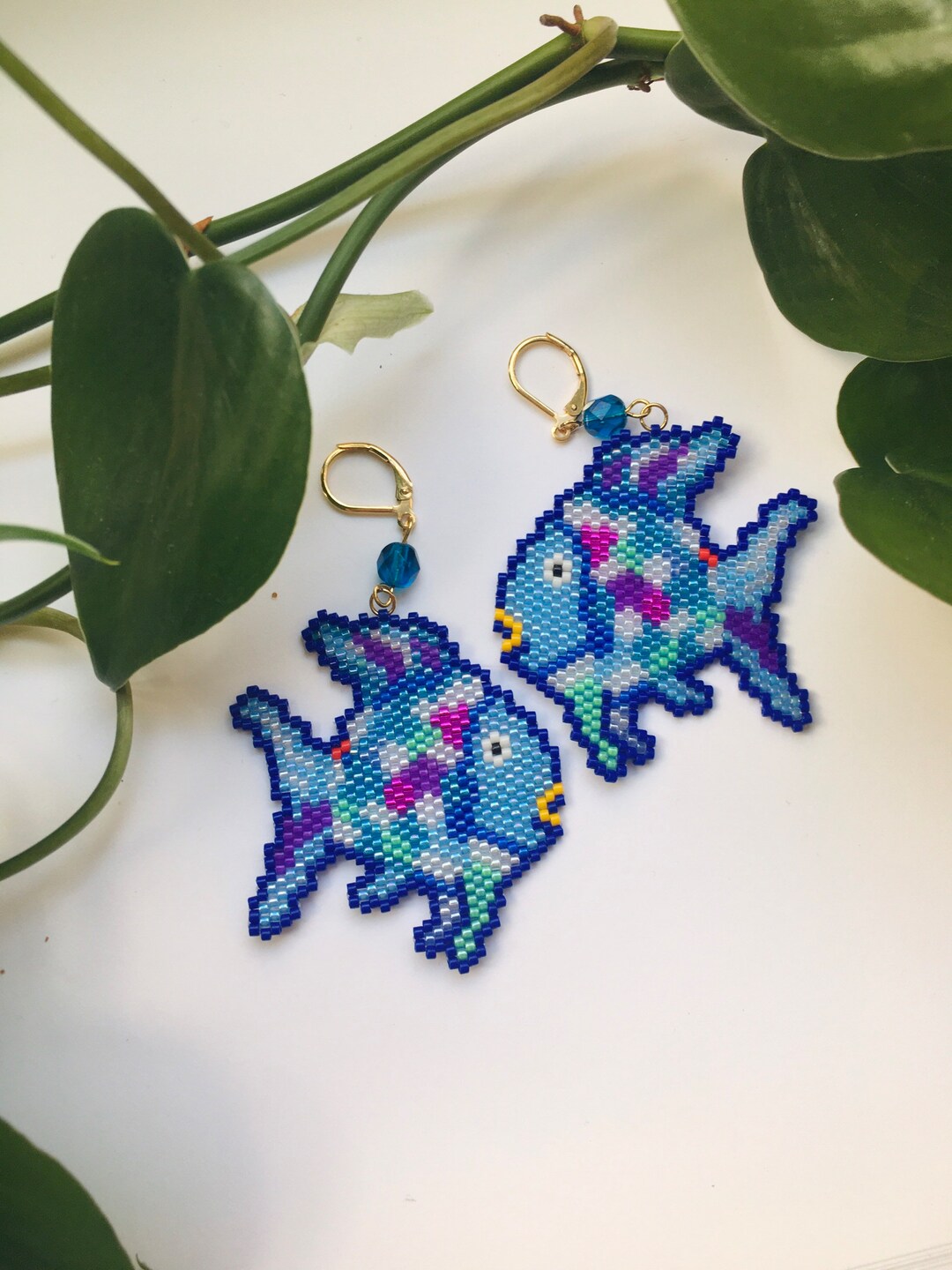 Hand Beaded Rainbow Fish Inspired Large Earrings With Gold Leverback ...
