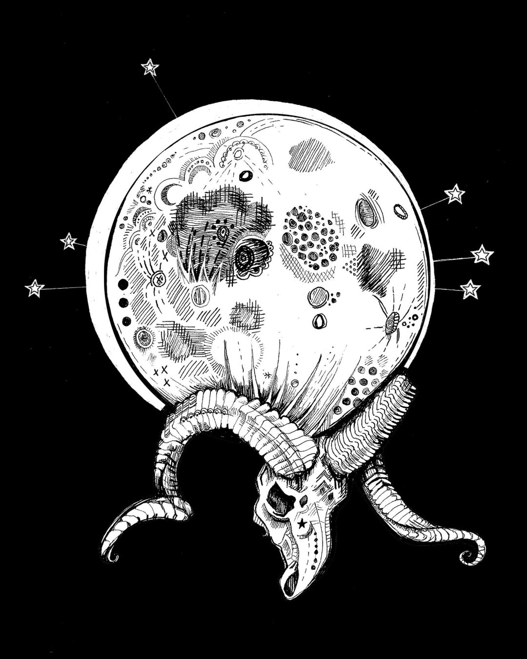 Ram Moon- 8 X 10 Art Print - Nature Celestial Drawing Aries Zodiac ...