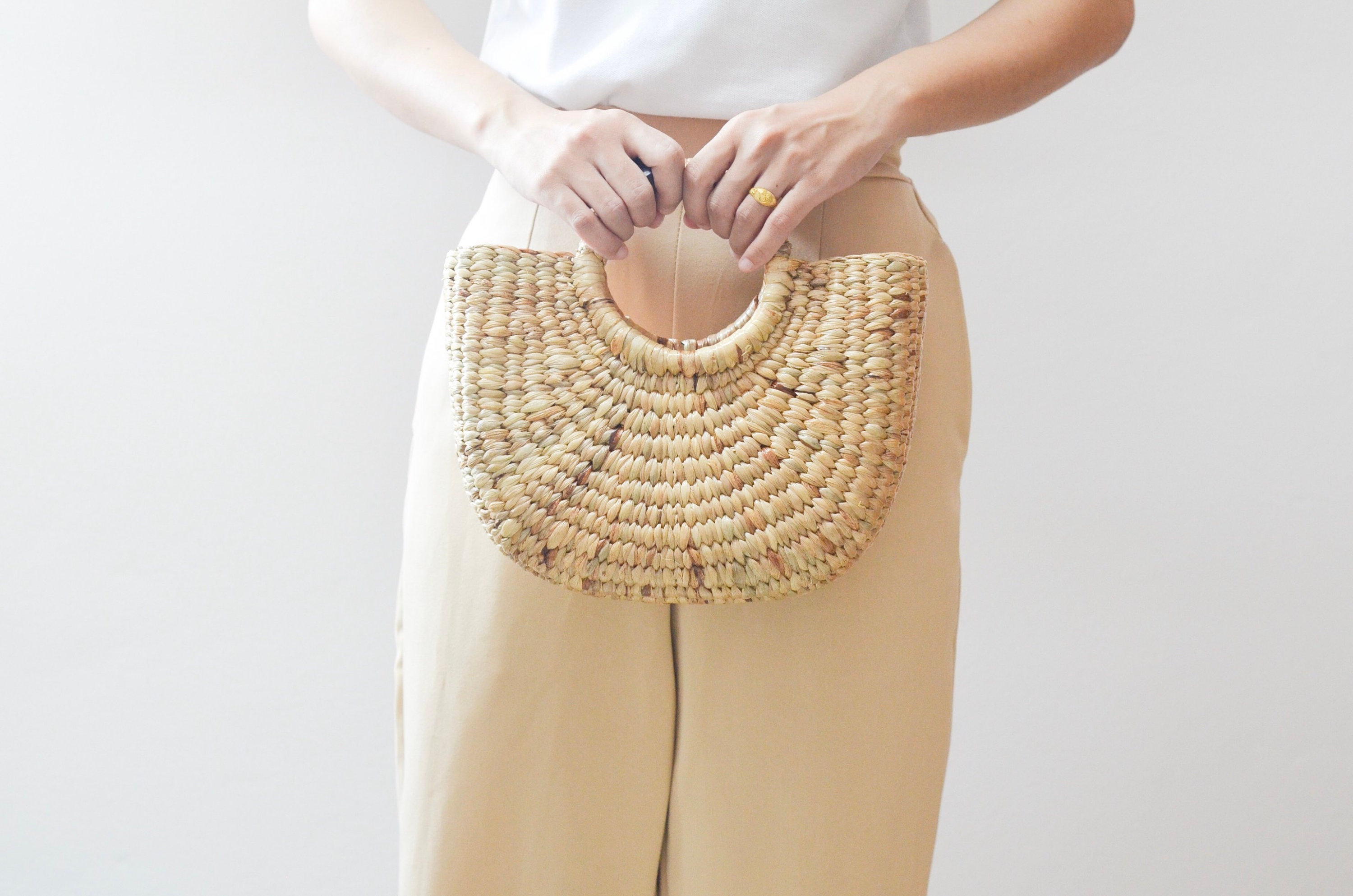 Small Straw bag cream lining Weaving seagrass top handle | Etsy