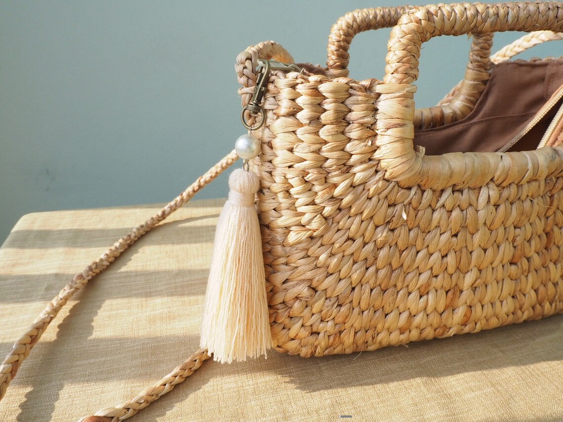 Small Straw bag dark cream lining crossbody bag and top | Etsy