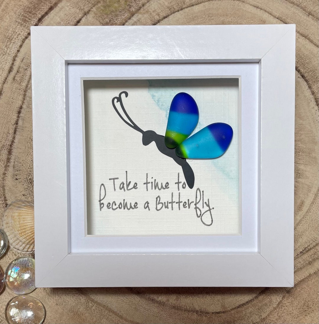 Butterfly Glass Wings Shadow Box Frame. Blue Toned Tumbled Glass Wings ...