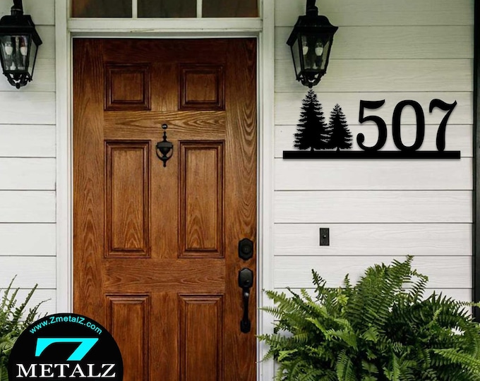 Metal House Numbers With Modern Pine Trees Custom Outdoor Address Sign ...