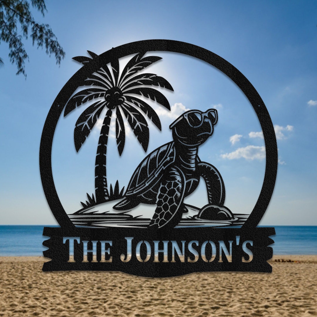 Sea Turtle Beach Sign Personalized Metal Monogram, Wedding Gift. Family ...