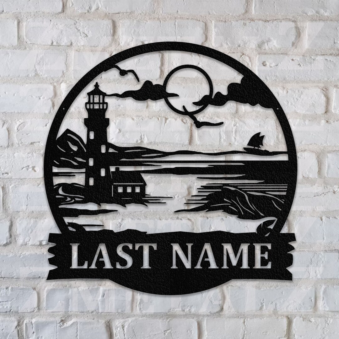 Personalized Lighthouse Scene Metal Sign: Sunset Monogram, Outdoor ...