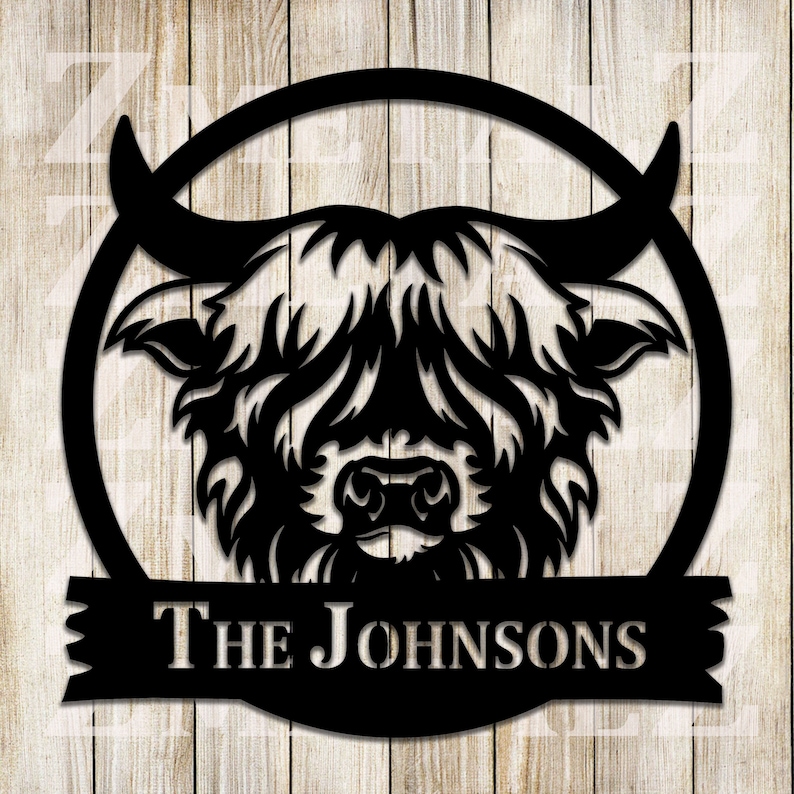 Monogram Highland Cow Sign Personalized Metal, Wedding Gift. Family ...