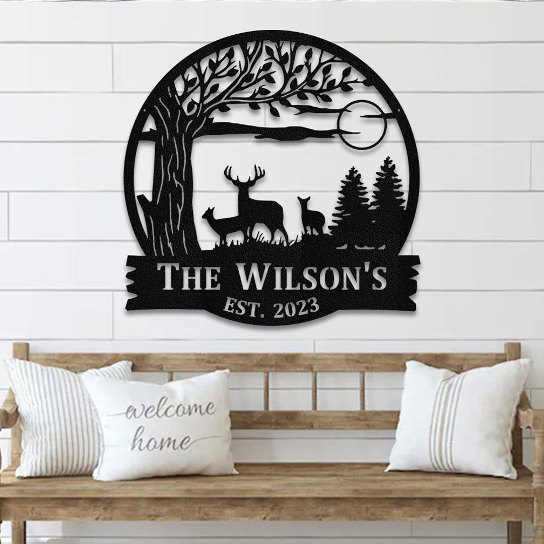 Mountain Deer Tree Scene Sign Personalized Metal Monogram, Wedding Gift ...