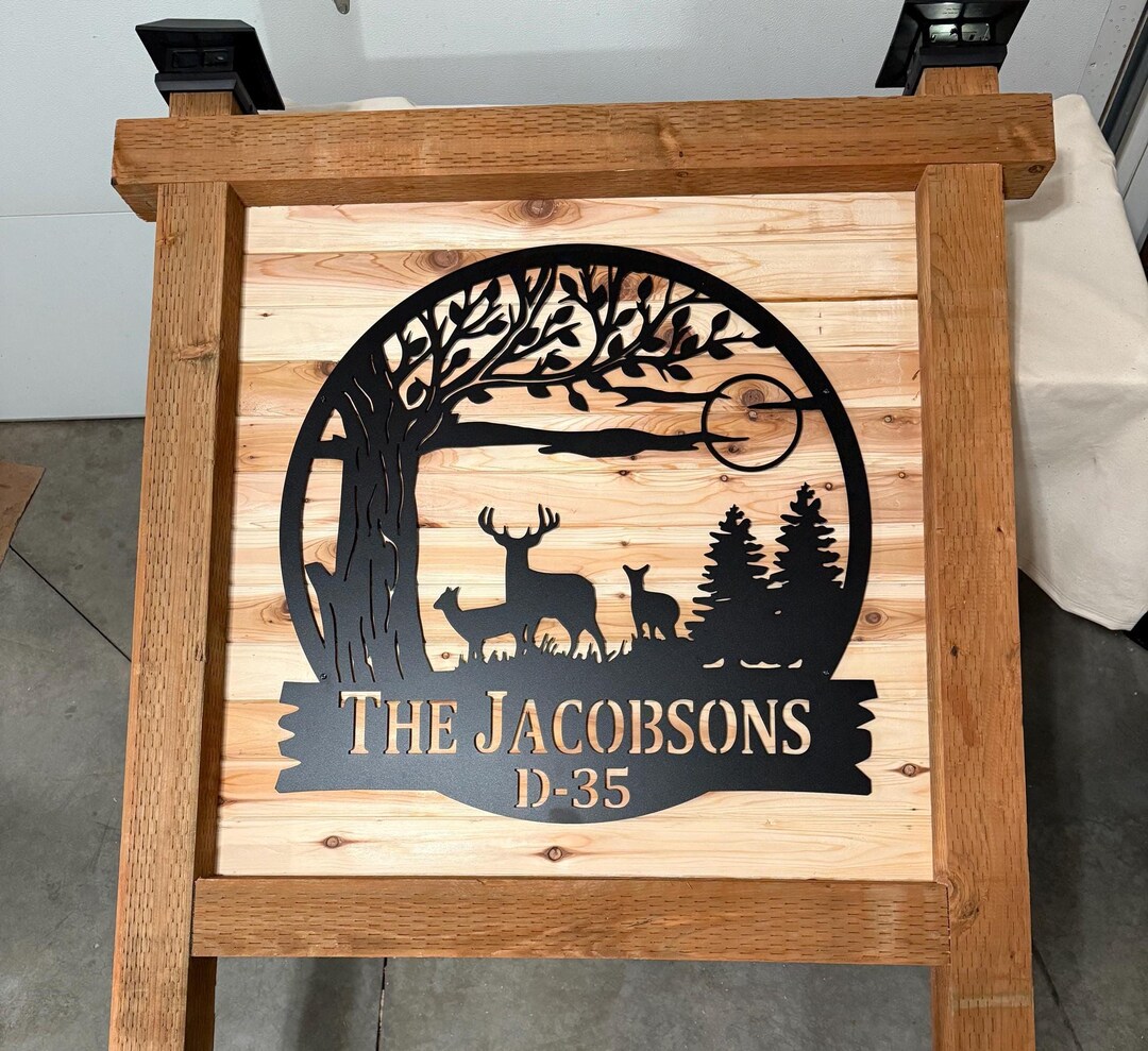 Mountain Deer Tree Scene Sign Personalized Metal Monogram, Wedding Gift ...