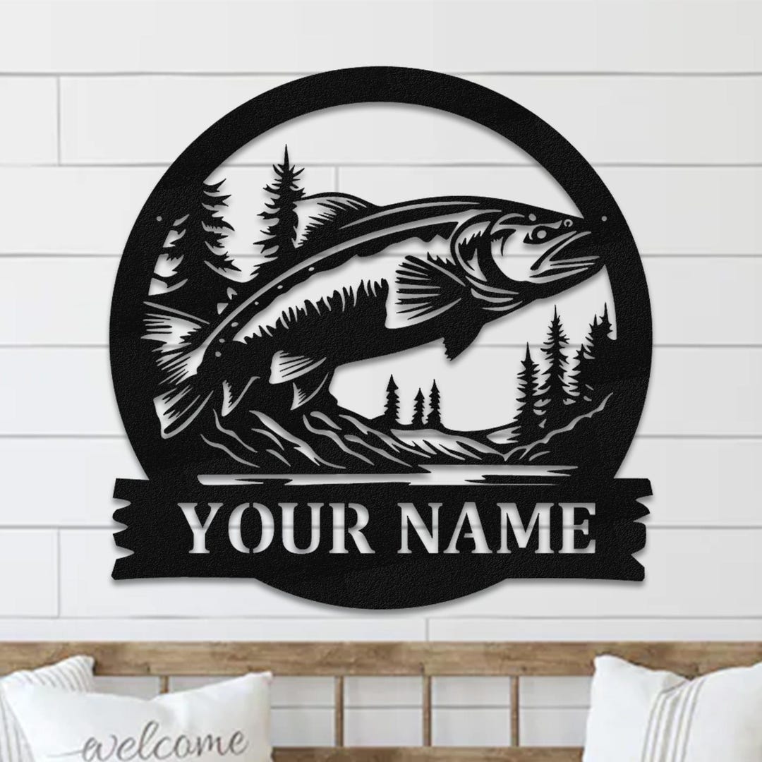 Tree Trout Fishing. Lake House Scene Sunset Sign Personalized Metal ...