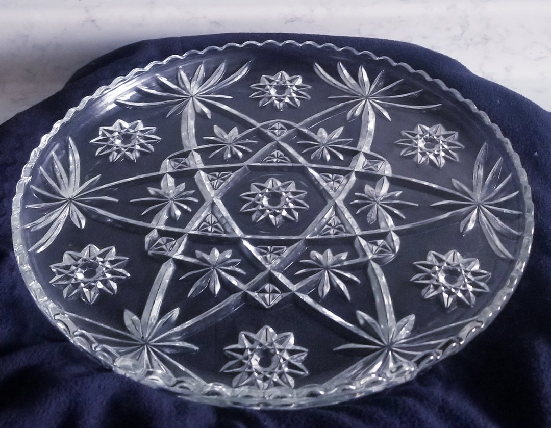 Vintage Glass Cut Large Round Tray-transfer Plate-dinnerware-decorative ...