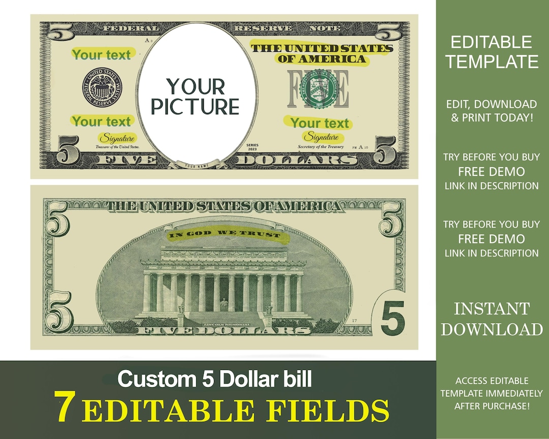 Editable Five Dollar Bill, Money Bill Art, Digital Money, Your Face on ...