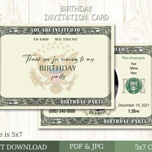 Birthday Card Invitation, Dollar Bill Invitation, Birthday Invitation ...