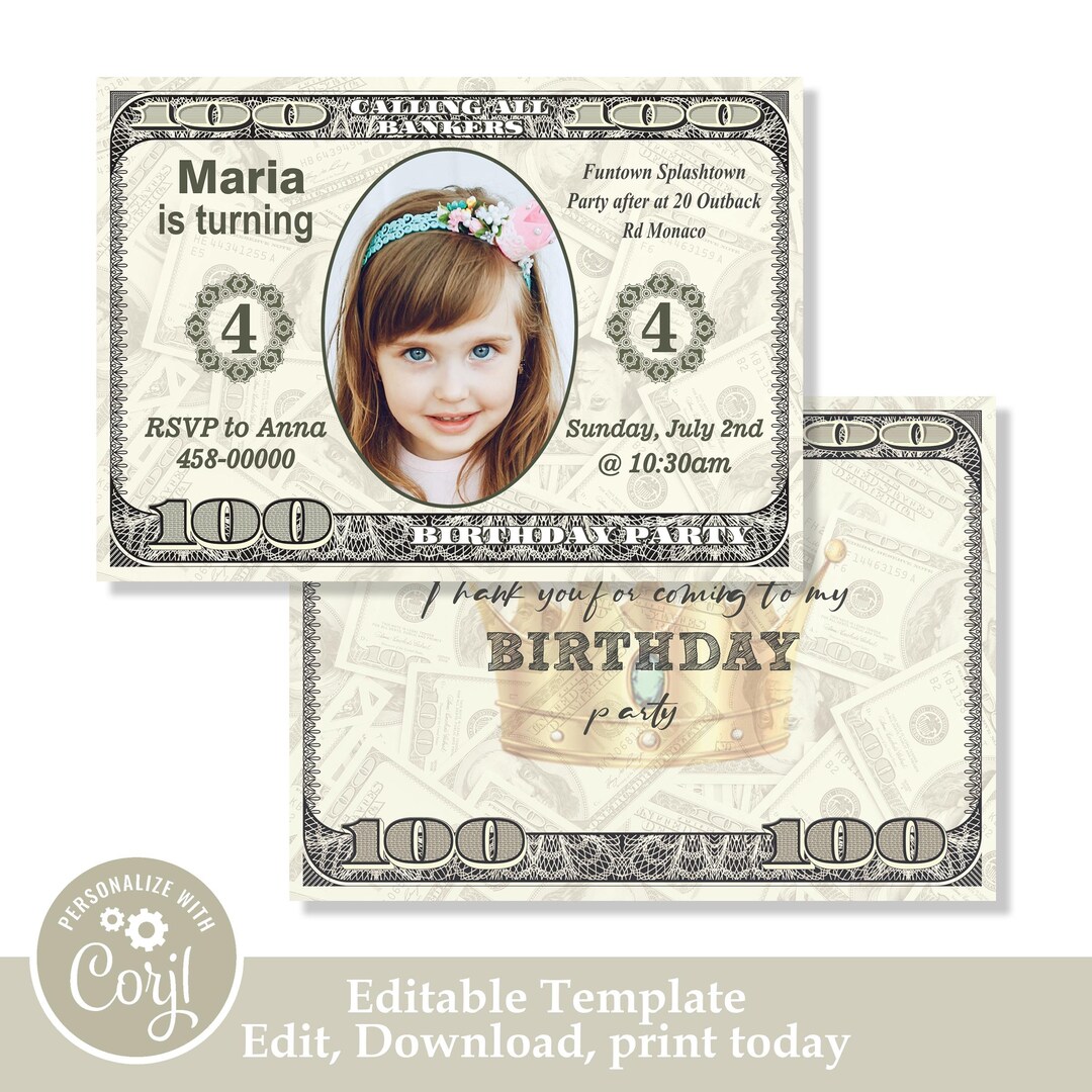 Editable Dollar Birthday Invitation Template (5x7) (digital Download ...
