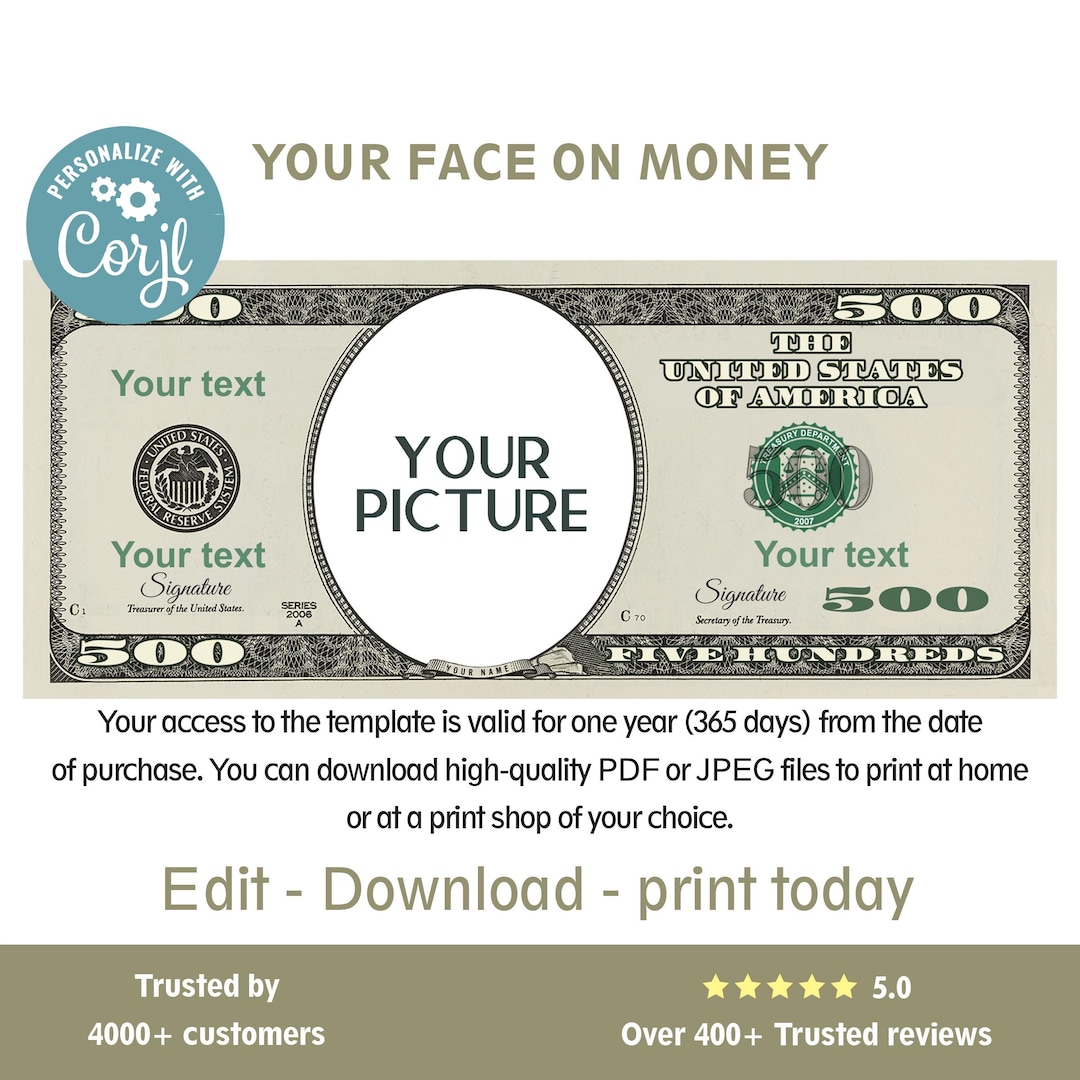 Custom Denomination Face on Dollar Bill Art: Editable Money Template ...
