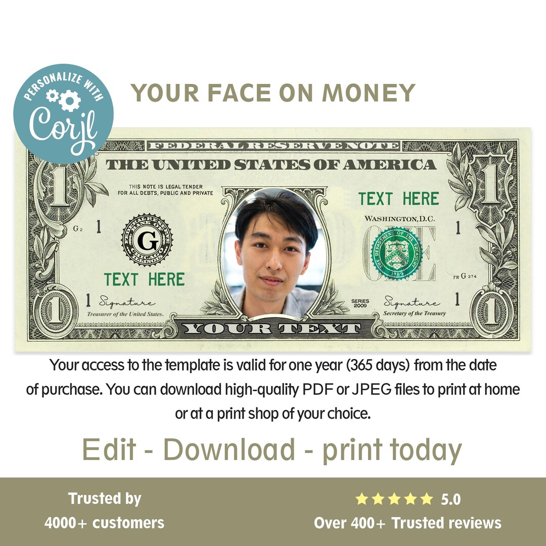 Custom Face One Dollar Bill Art: Editable Corjl Template (digital ...