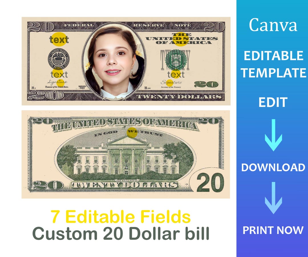 Your Face on Money, Editable Template, 20-dollar Bill, Party Money ...