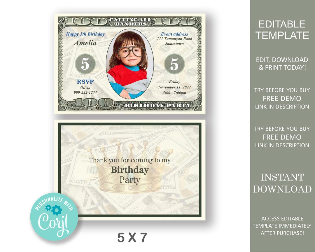 Editable Dollar Invitation Card, Invitation Birthday Party, Money ...