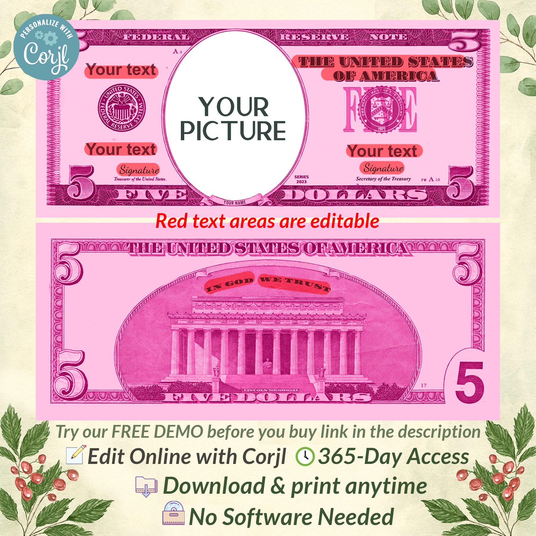 Personalized Pink Dollar Bill Templates (1000 ,500, 20, 10, 5, 100, 50 ...