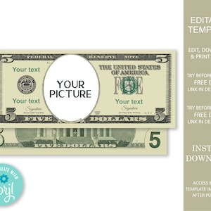 Editable Five Dollar Bill, Money Bill Art, Digital Money, Your Face on ...