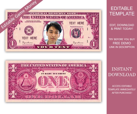 Editable Pink One Dollar Bill Money Bill Art Digital Money - Etsy Canada