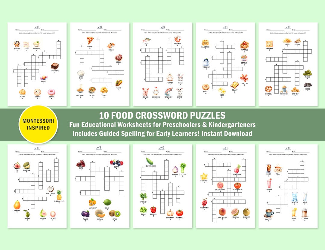 10 Food Crossword Activity Pages for Kids - Kindergarten Preschool ...