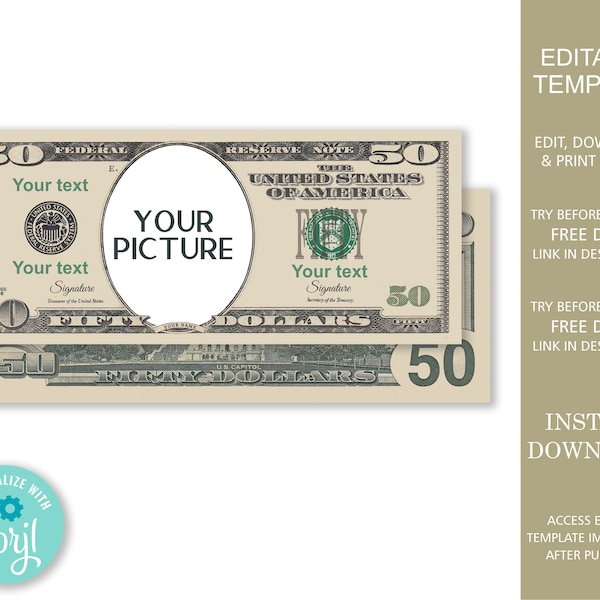 Fifty Dollar Bill Template - Etsy