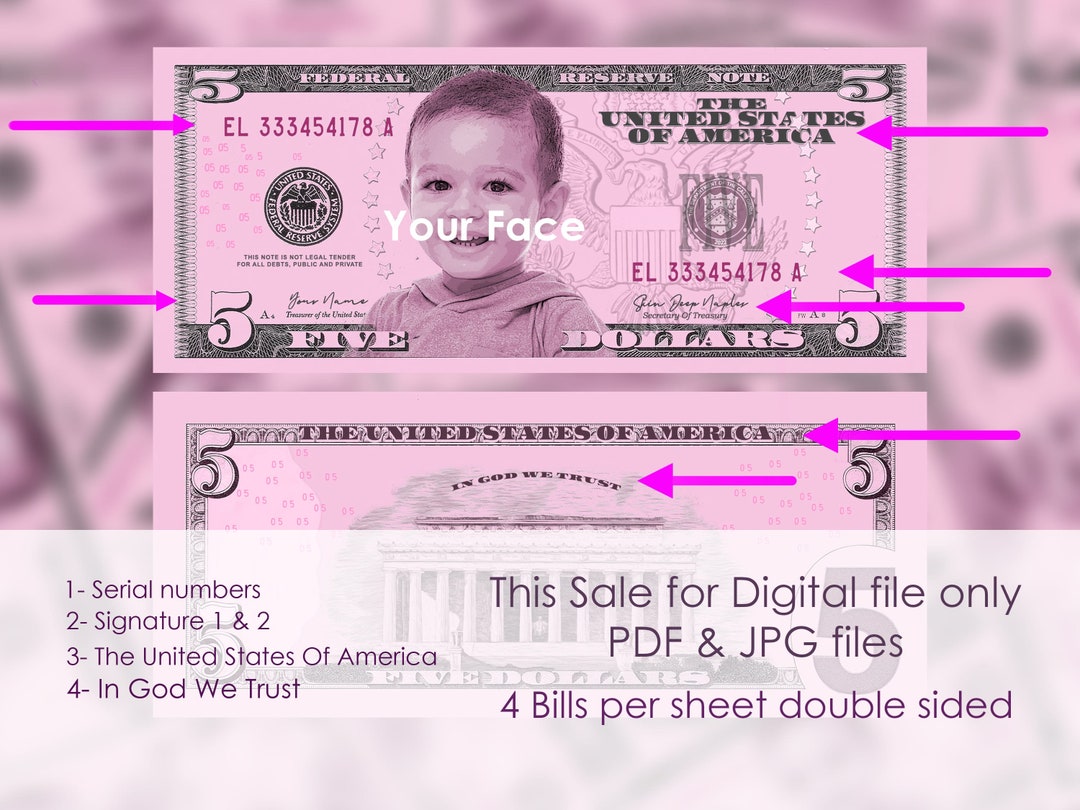 Pink 5 Dollar Bill Dollar Bill Art Five Dollar Bill Your - Etsy