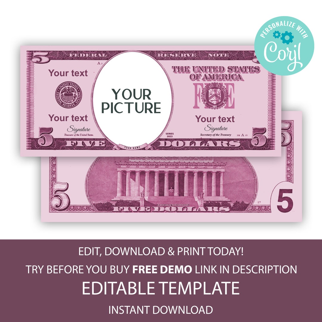 Editable Pink Five Dollar Bill, Money Bill Art, Digital Money, Your ...