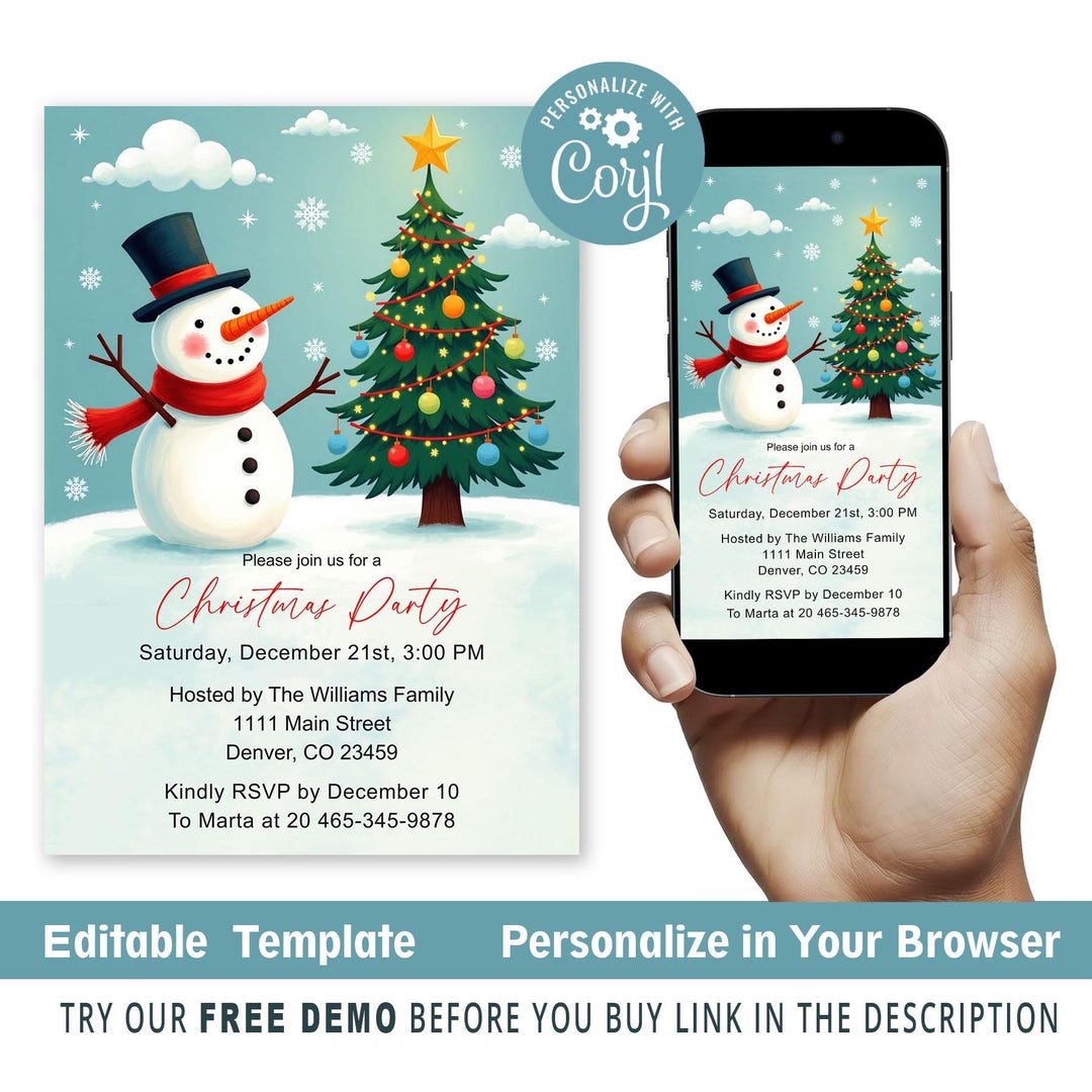 Snowman Christmas Party Invitation | Editable Template With Christmas ...