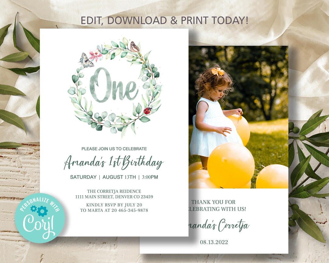 Editable 1st Birthday Invitation, Invitation Card With Floral Wreath ...