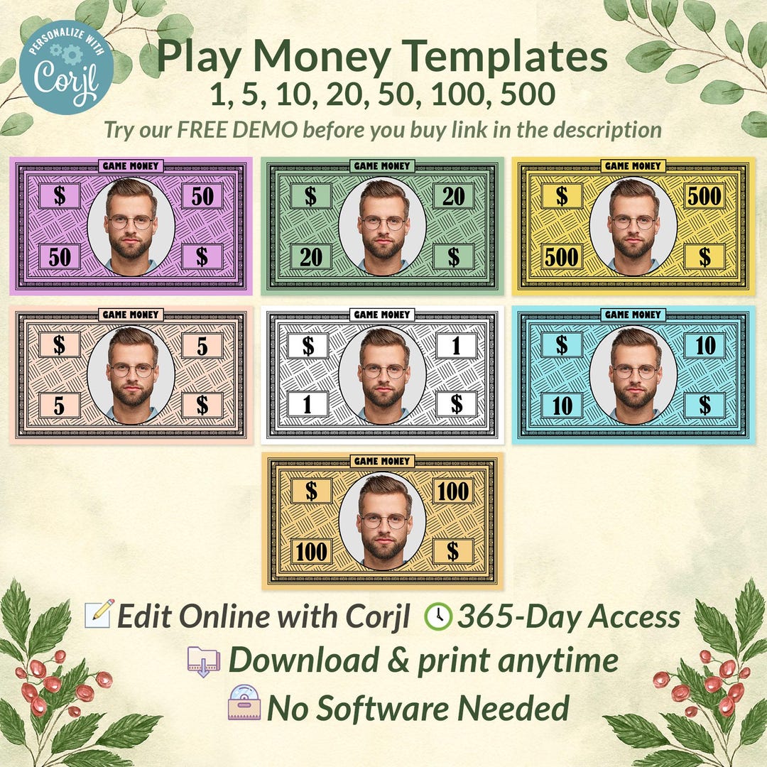 Editable Board Game Money: Custom Bucks, Corjl Template (digital) - Etsy