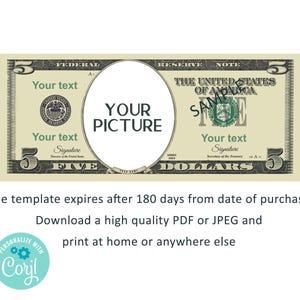 Editable Five Dollar Bill, Money Bill Art, Digital Money, Your Face on ...