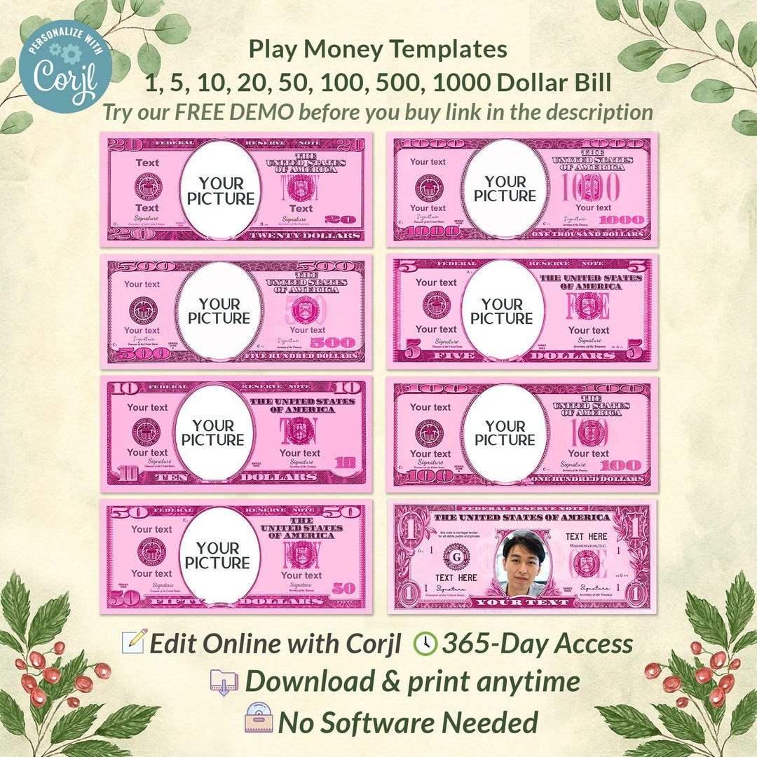 Pink Custom Face Money Bundle, 8 Denominations Personalized Play Money ...