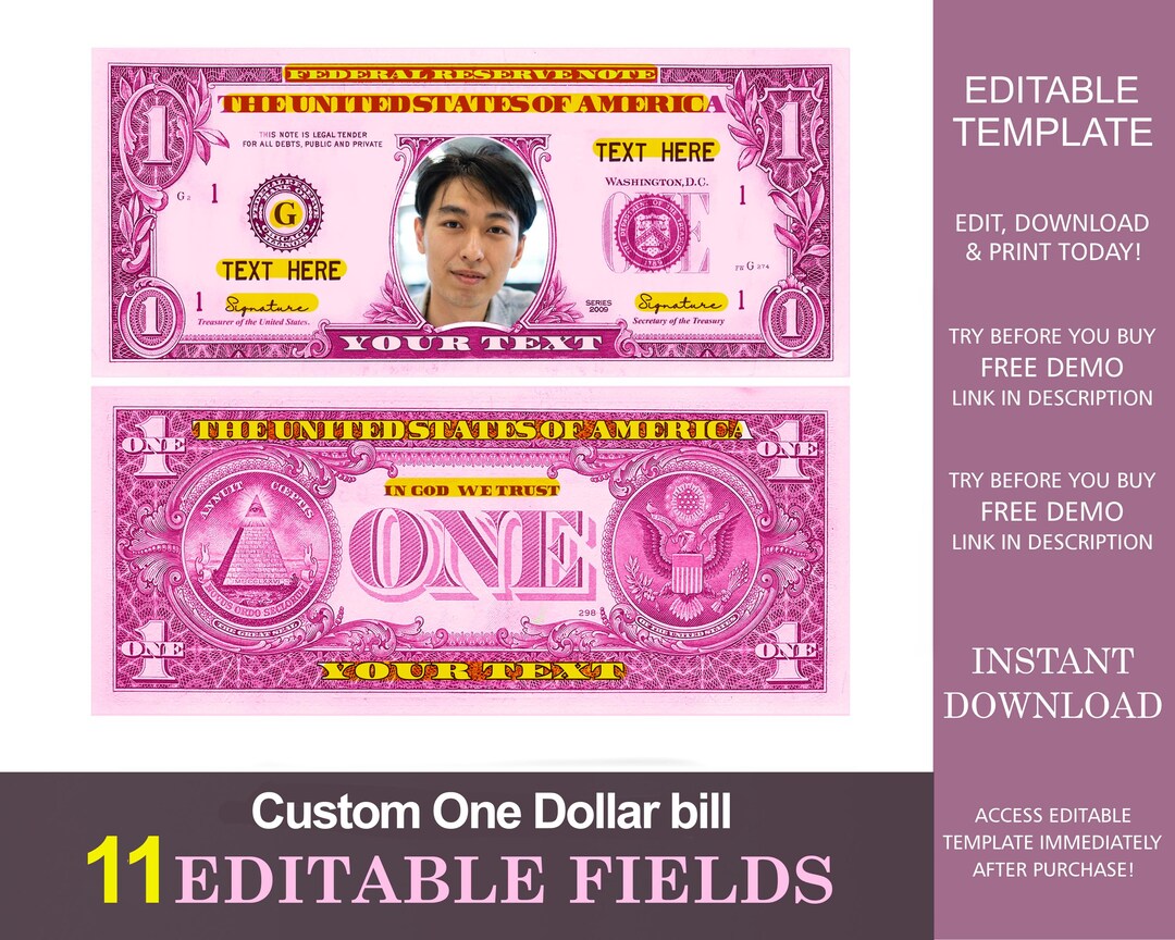 Editable Pink One Dollar Bill, Money Bill Art, Digital Money, Your Face ...