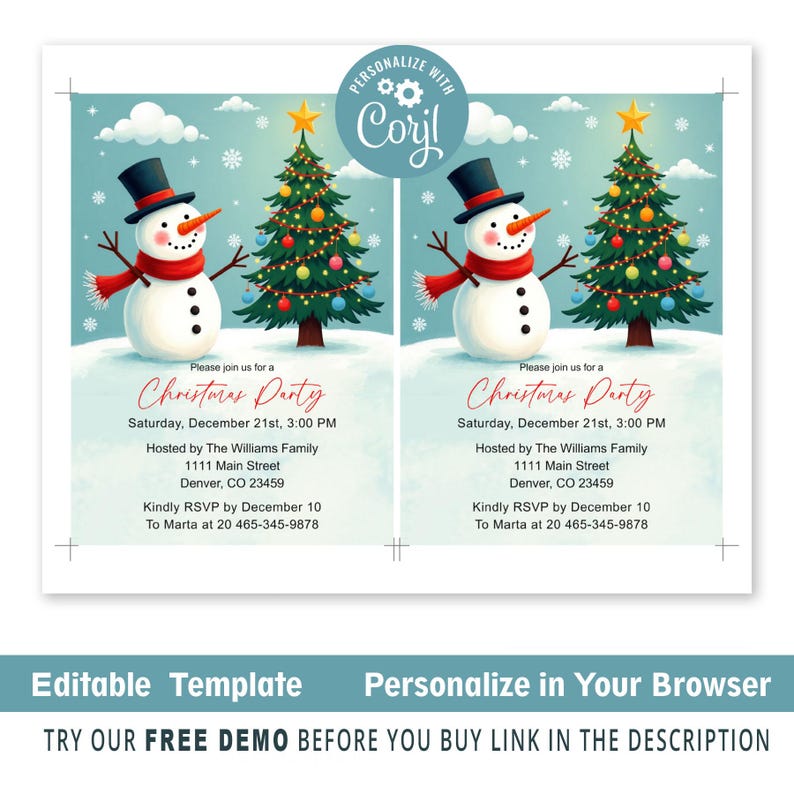 Snowman Christmas Party Invitation | Editable Template With Christmas ...