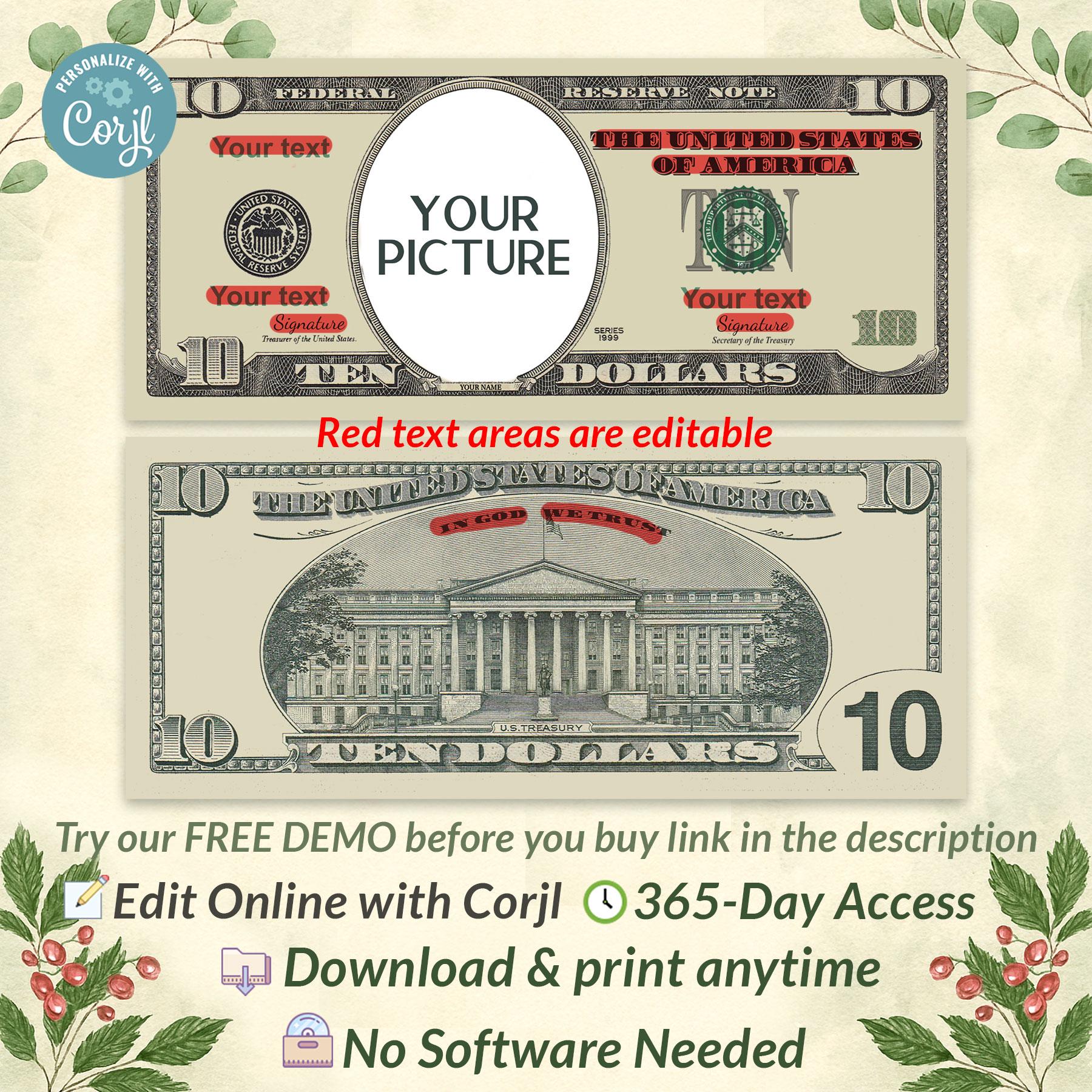 Printable Personalized Dollar Bill Templates: Editable Souvenir Money ...