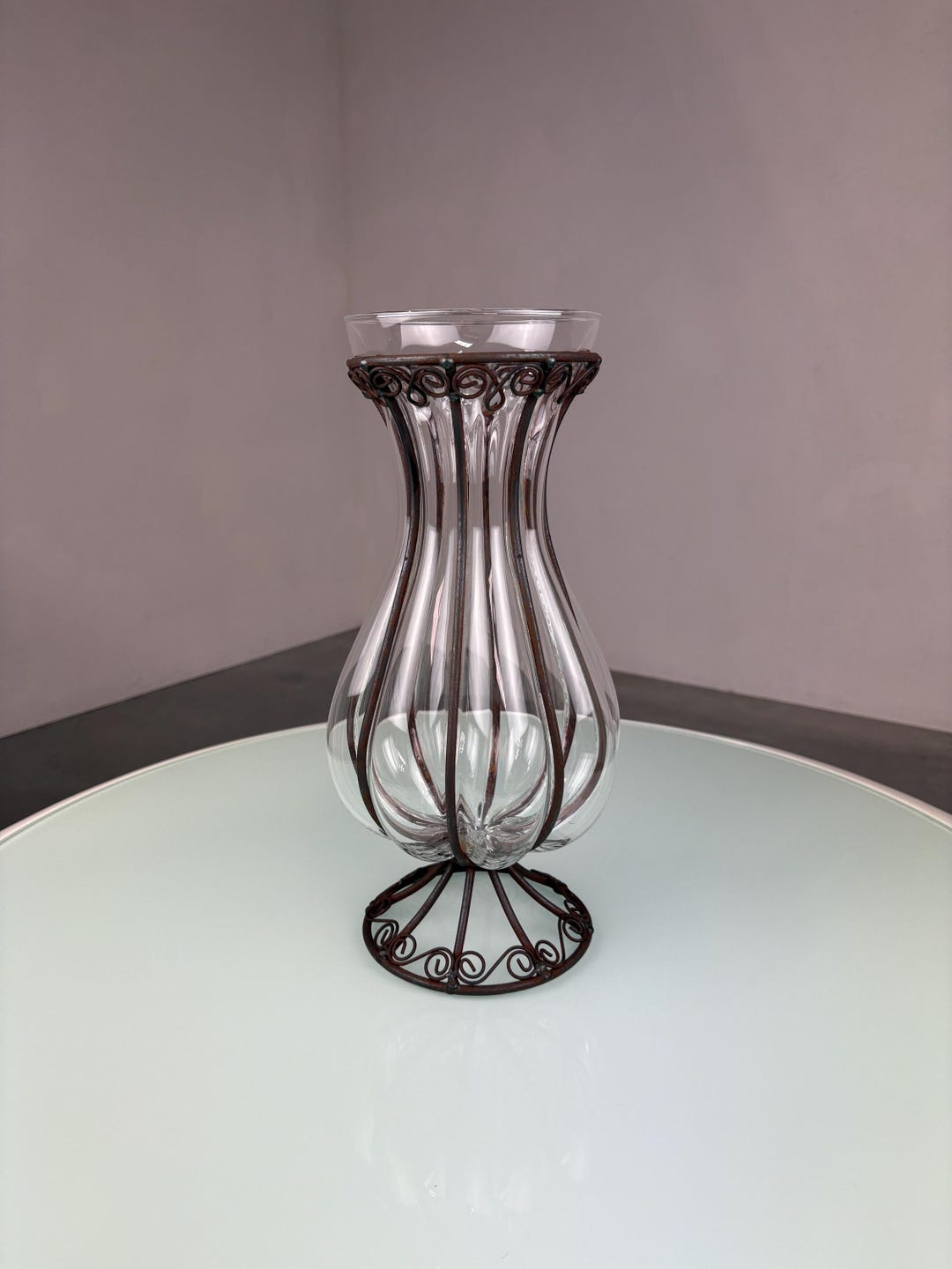 Vintage Captive Glass Vase on Foot - 1970s Handmade Clear Glass Vase ...