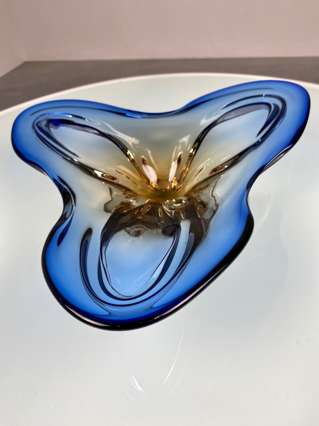 Murano Blue Brown Glass Bowl - Mid Century Modern Vintage Art Dish ...